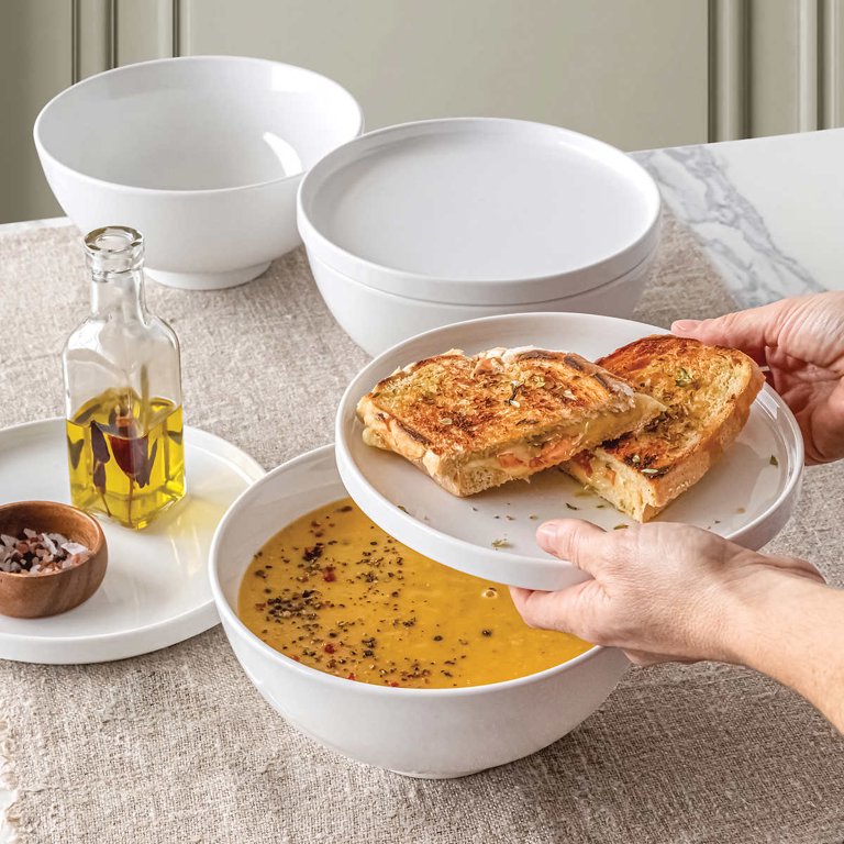 Over & Back Stackable White Bowl & Plate Set W/Lids 6 Pieces – Novelty Shop